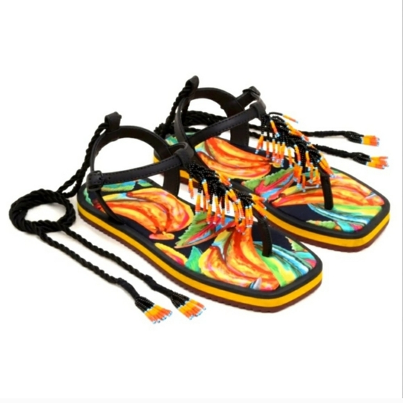 FARM Rio | Shoes | New Farm Rio Black Banana Beaded Strappy Flat ...